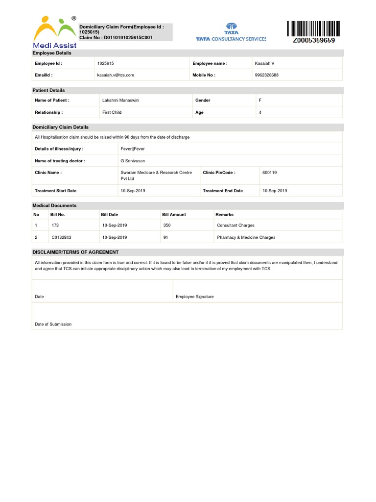 Domiciliary Claim Form (Employee Id: 1025615) Claim No ...