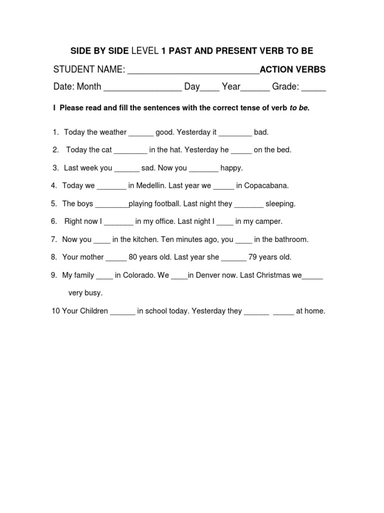 SIDE BY SIDE LEVEL 1 PAST AND PRESENT VERB TO BE Chs. 9 & 15 | PDF