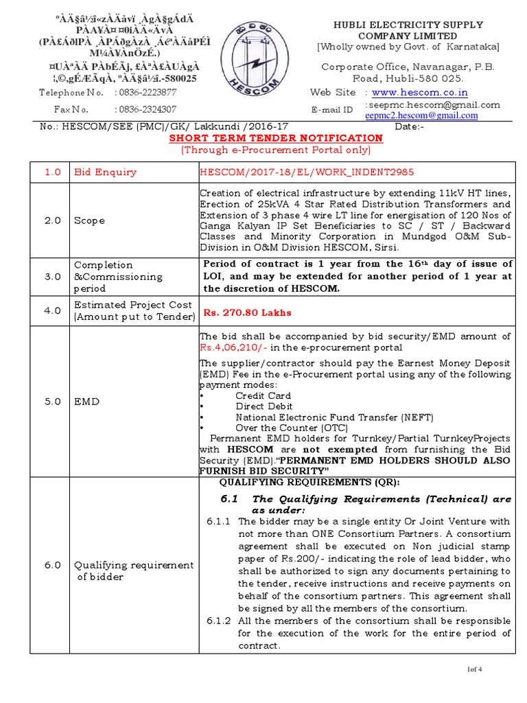 (Through E-Procurement Portal Only) 1.0 Bid Enquiry: Short Term Tender ...