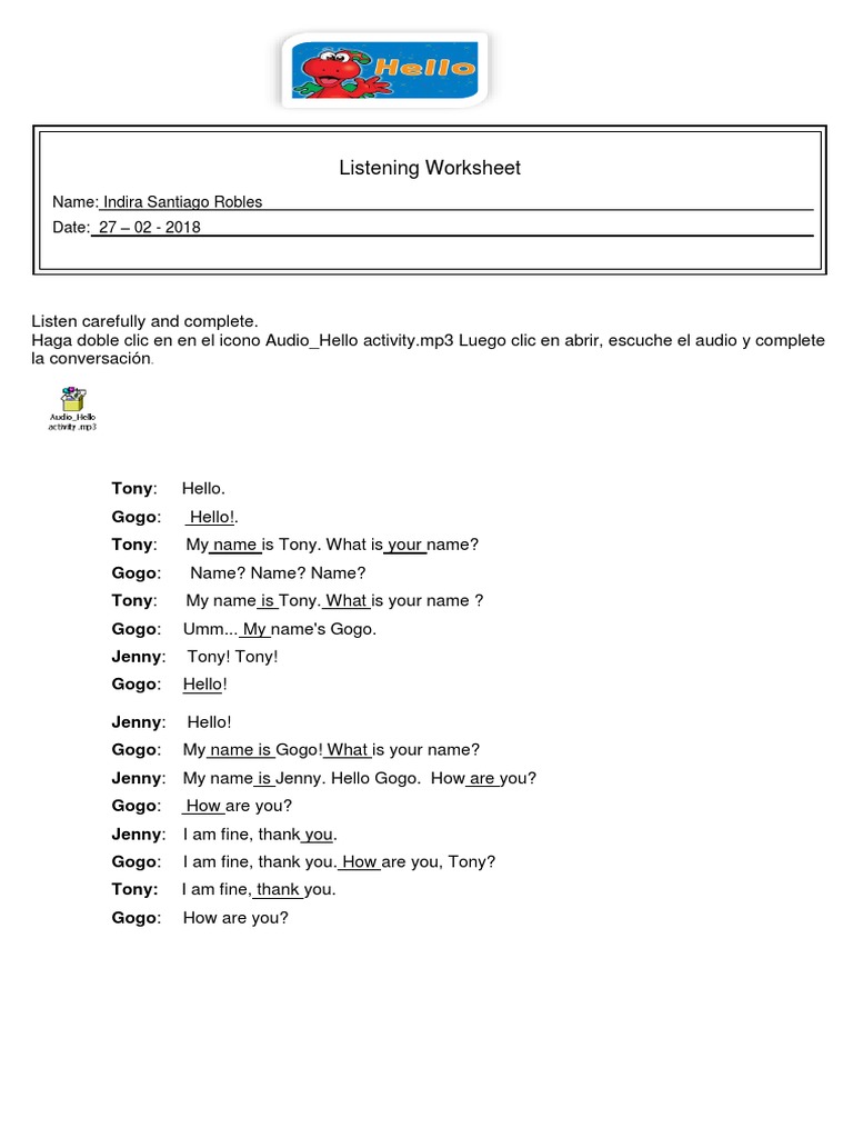 Hello - Listening Activity Indira Santiago | PDF