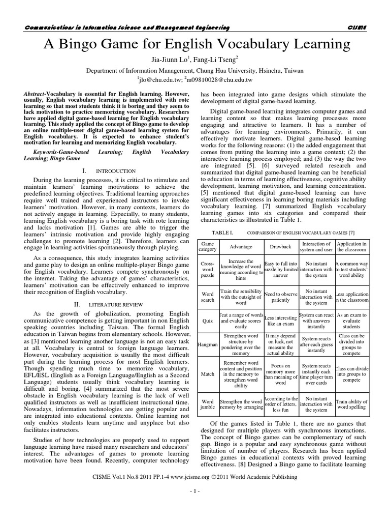 A Bingo Game For English Vocabulary Learning | PDF | Vocabulary ...