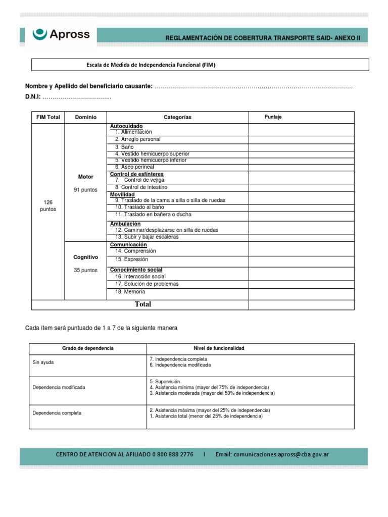 Escala de Medida de Independencia Funcional (FIM) Escala de Medida de ...