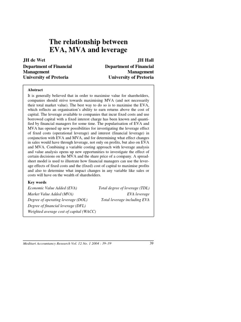 Mva and Eva | PDF | Leverage (Finance) | Cost Of Capital
