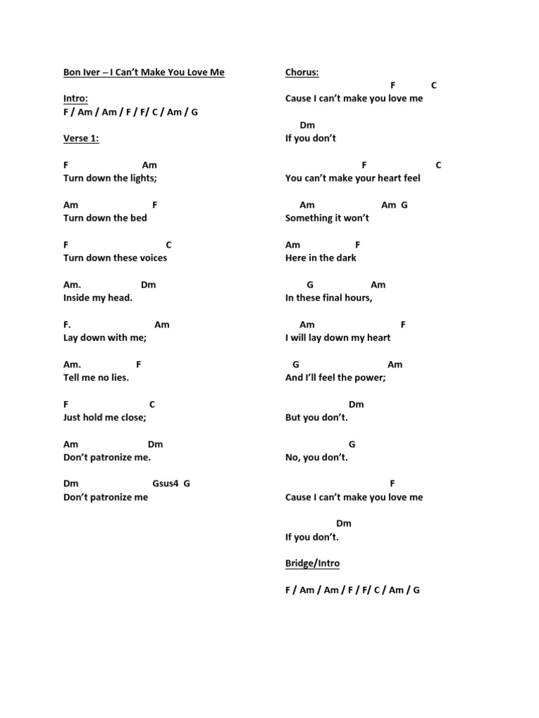 Bon Iver I Can't Make You Love Me Annotated Piano Chords | Download ...