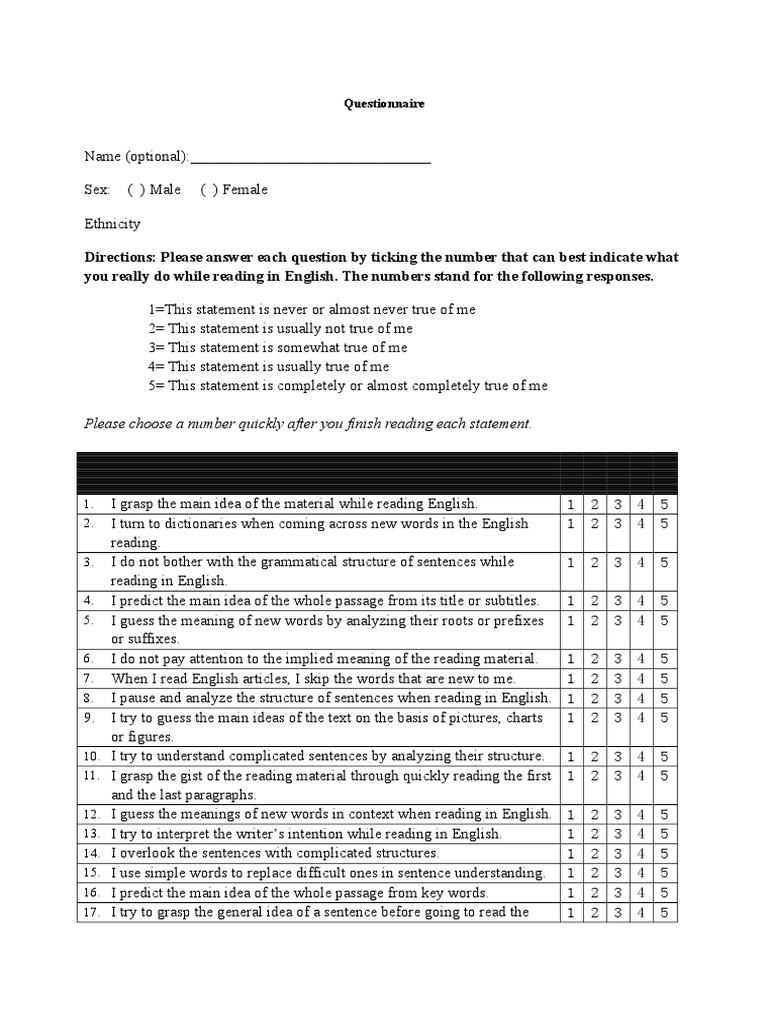 Reading Comprehension Questionnaire | PDF | Word | English Language