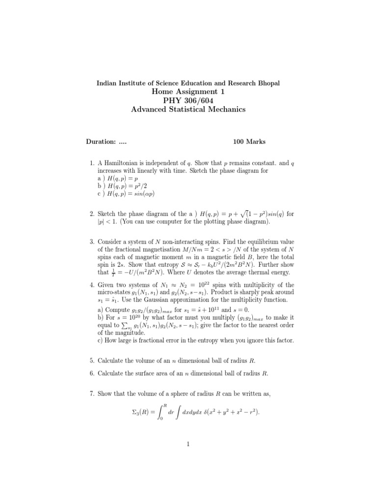 Home Assignment 1 PHY 306/604 Advanced Statistical Mechanics | PDF ...