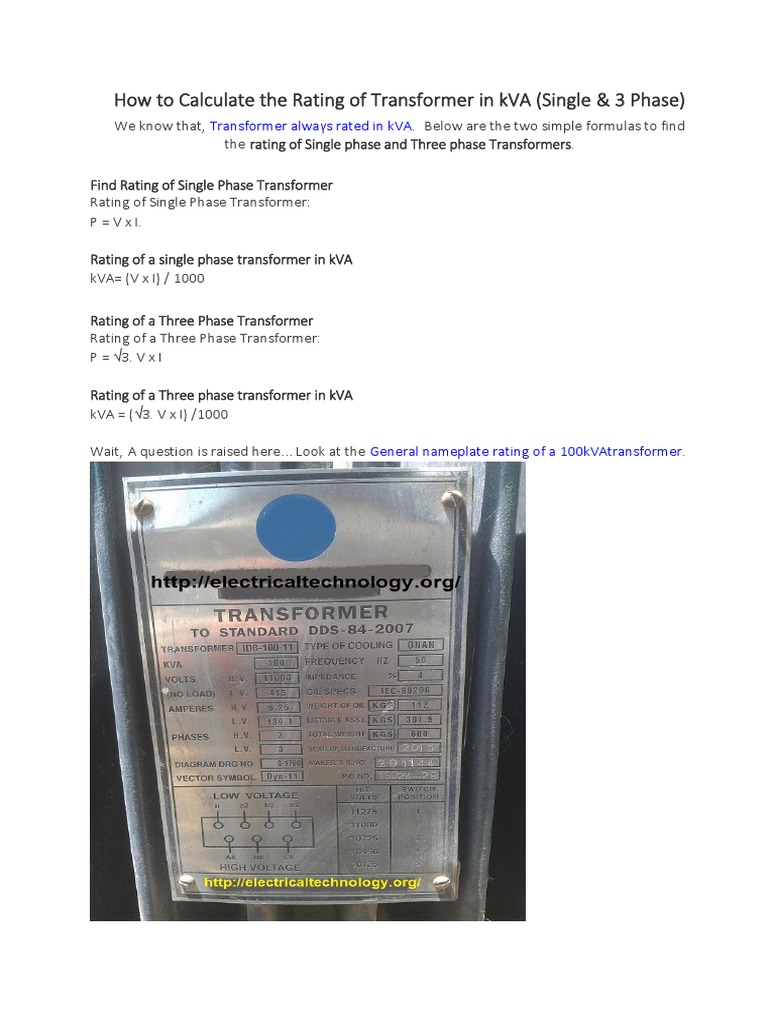 How To Calculate Transformer KVa | PDF
