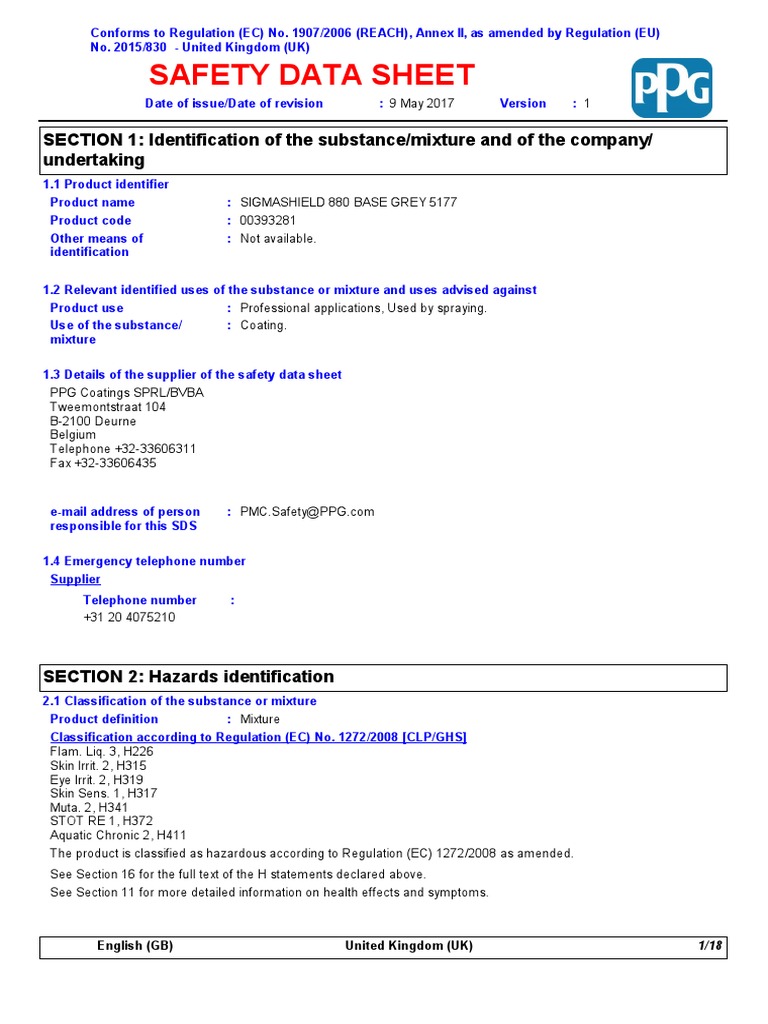 Sigmashield 880 MSDS | PDF | Firefighting | Personal Protective Equipment