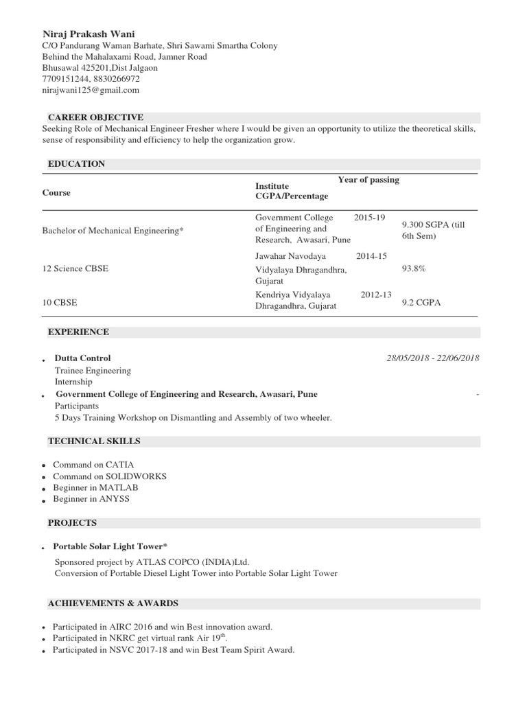 Niraj Wani Resume | PDF | Science | Engineering