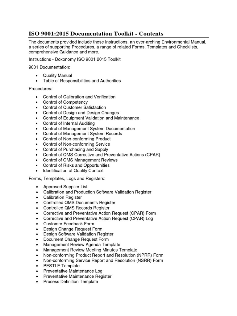 A Comprehensive Toolkit for Establishing an ISO 9001:2015 Compliant ...