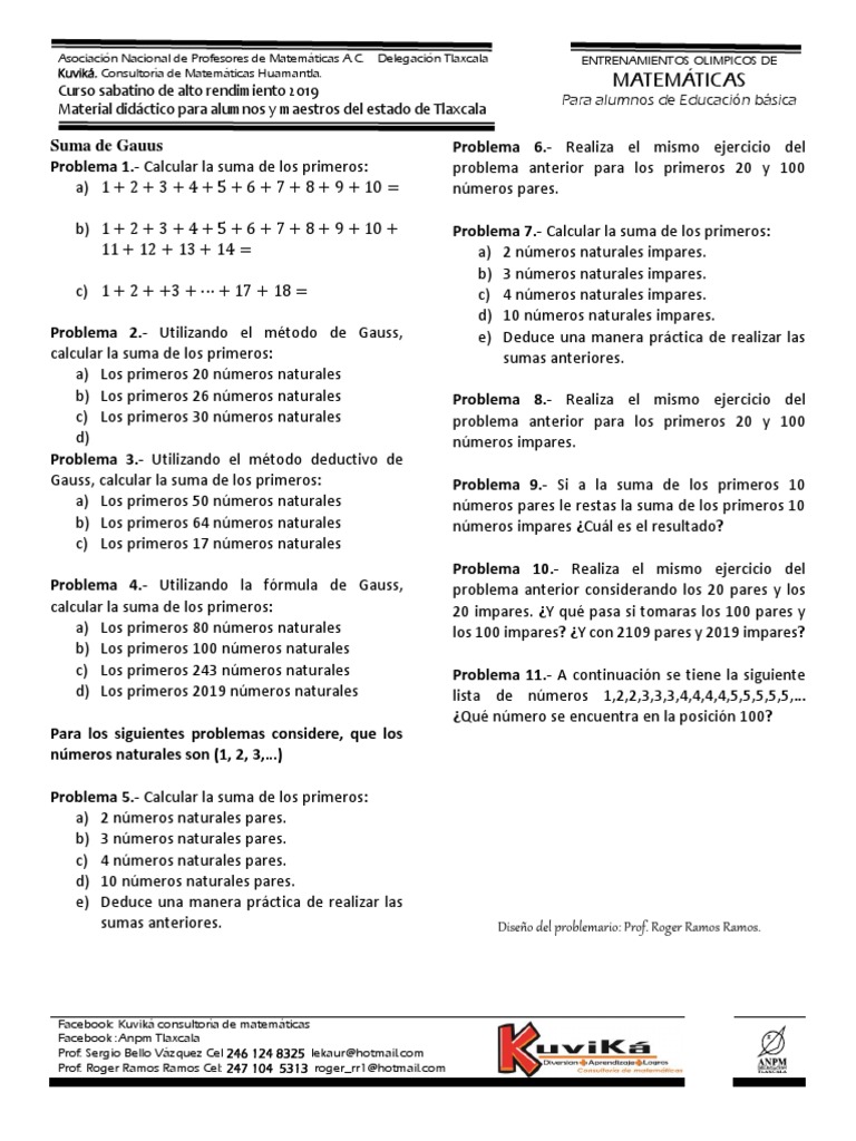 Ejercicios de Suma de Gauss | PDF | Educación primaria | Enseñanza de ...