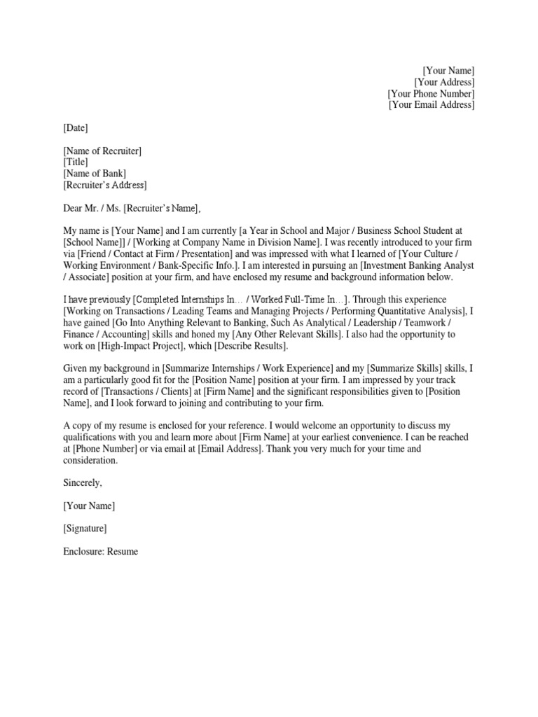 Investment Banking Cover Letter Template | PDF | Private Equity ...