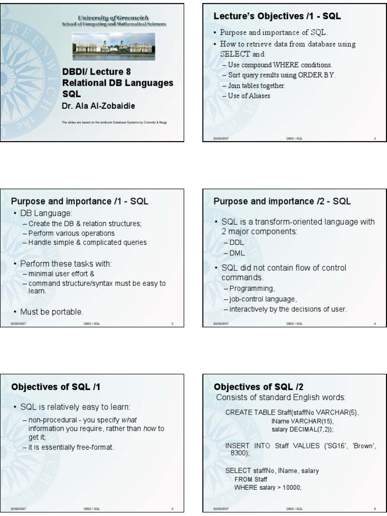 Lecture's Objectives /1 - SQL: Dr. Ala Al-Zobaidie | PDF | Sql | Databases