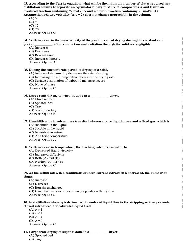 Mass Transfer MCQs PDF | PDF | Distillation | Humidity