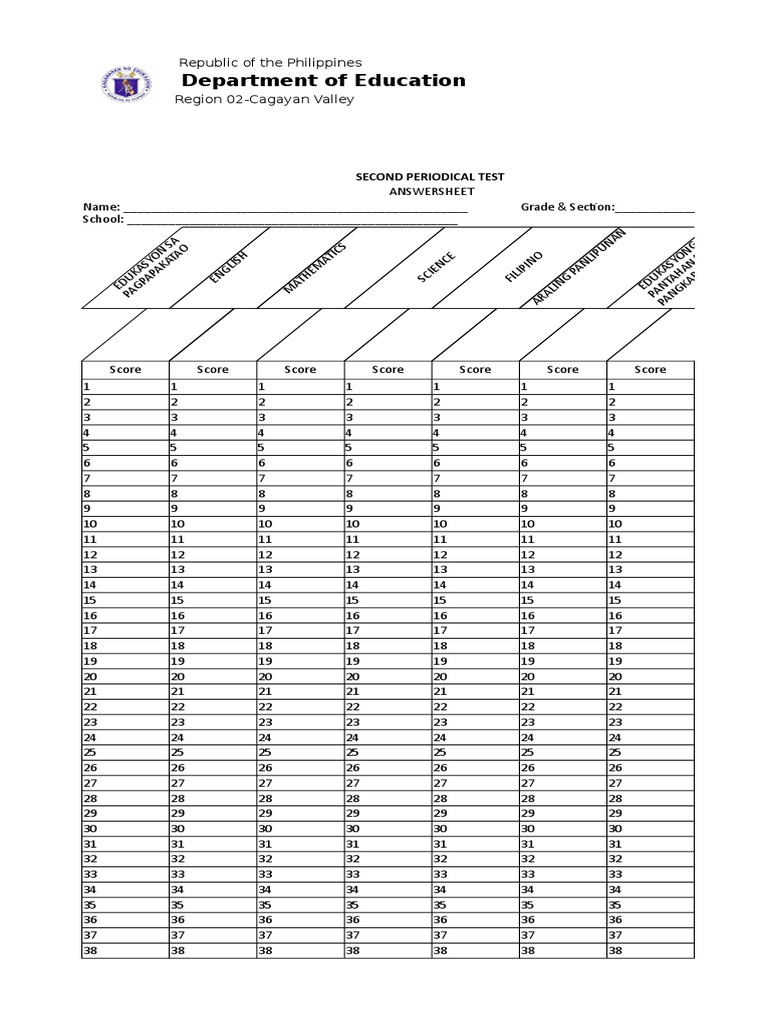 Second Periodical Test Answersheet for Students of the Republic of the ...