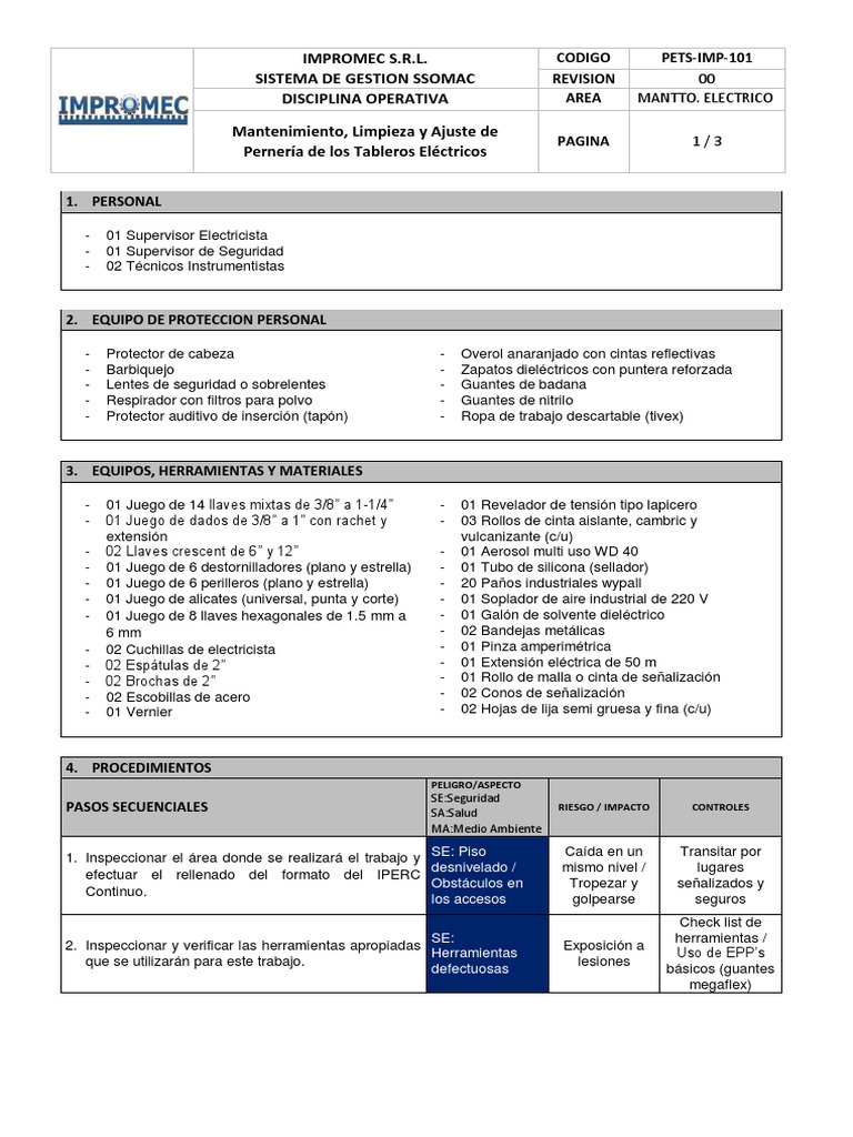 PETS-IMP-101 Mantenimiento, Limpieza y Ajuste de Pernería de Los Tableros Eléctricos | PDF ...