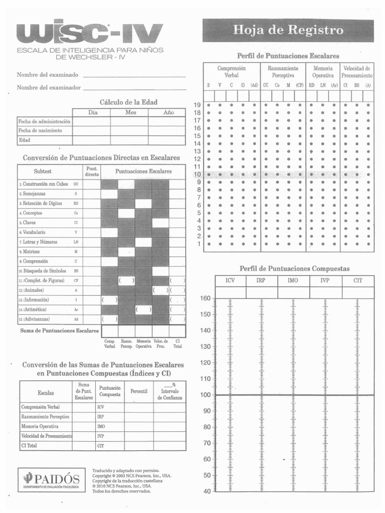 Wisc IV... Protocolo Wisc IV (Ed - Paidos) .PDF Versión 1 PDF | PDF ...