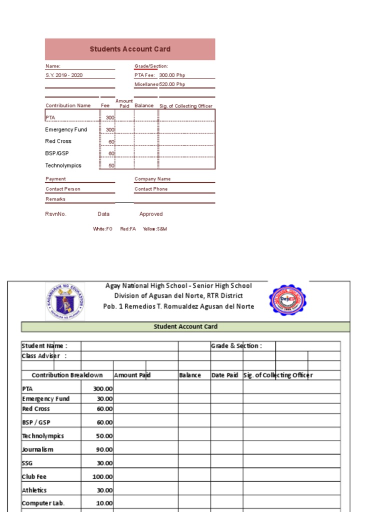 Students Account Card: Name: Grade/Section: S.Y. 2019 - 2020 PTA Fee ...