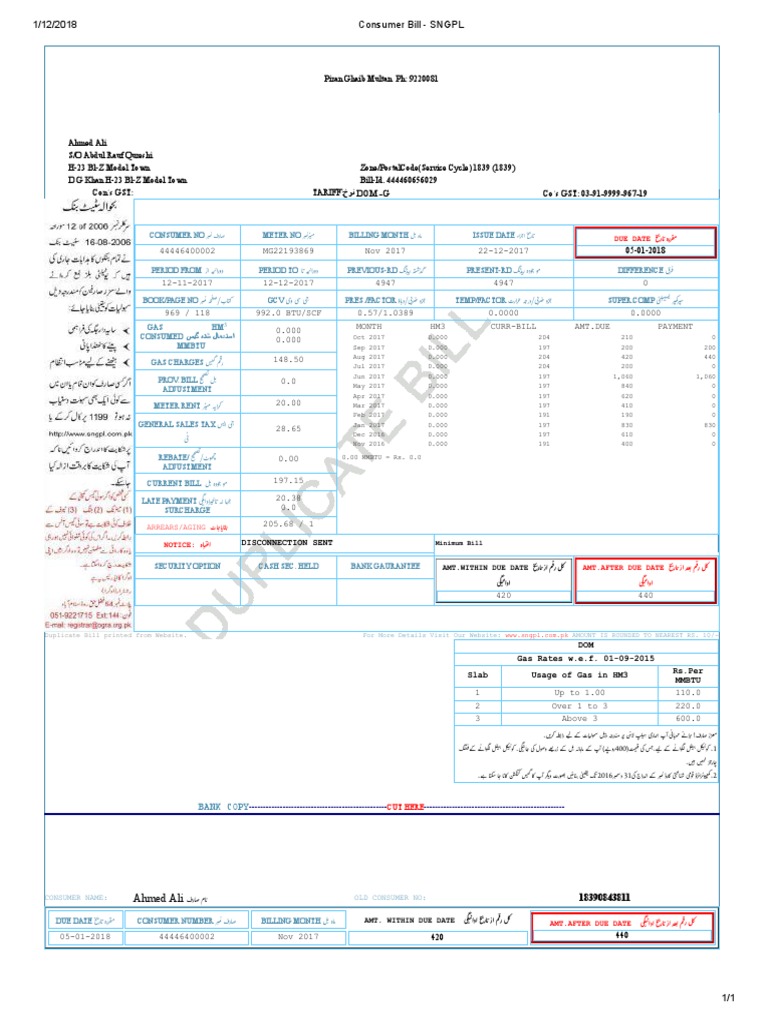 Consumer Bill - SNGPL | PDF | Payments | Taxes