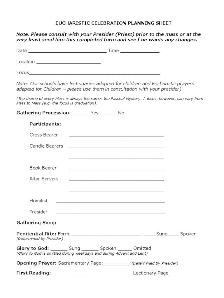 Eucharistic Celebration Planning Sheet | PDF | Mass (Liturgy ...