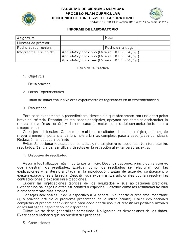 FCQ-P05-F06 Formato Informe FQ2017 | PDF | Laboratorios | Science