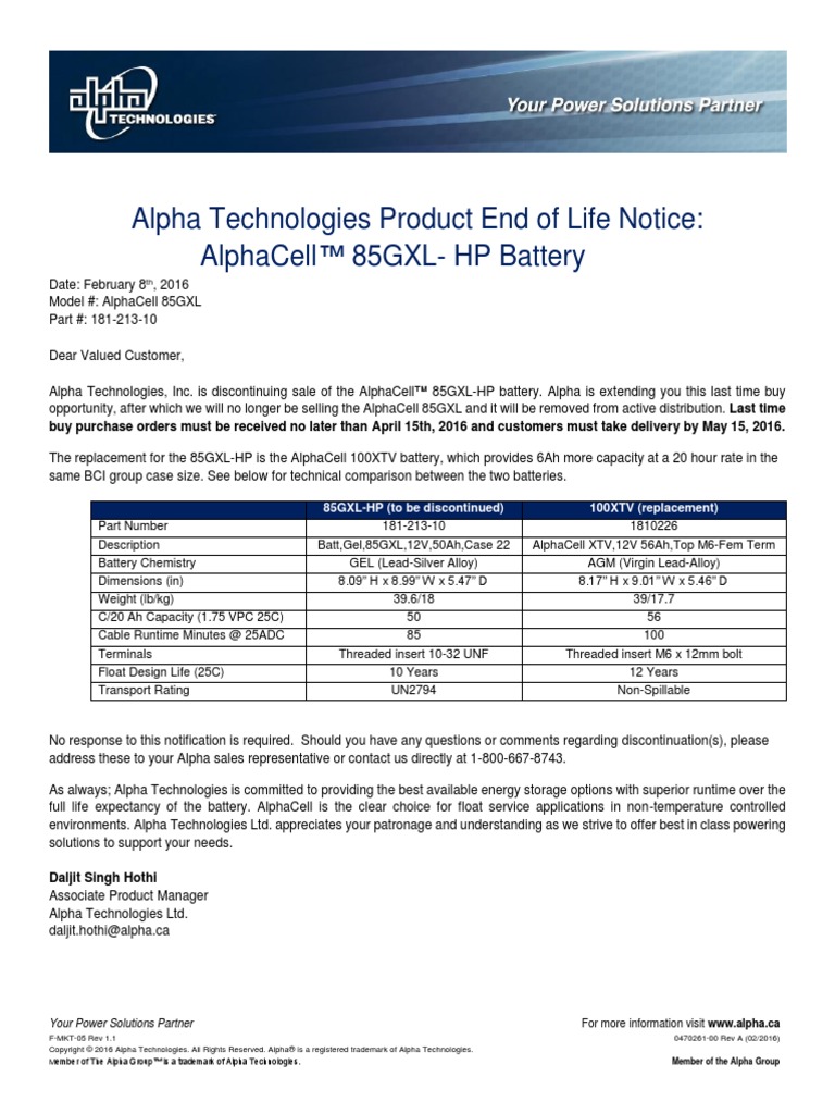 EOL Notice AlphaCell 85GXL HP Battery 047-0261-00 Rev A 01.02.2016 ...