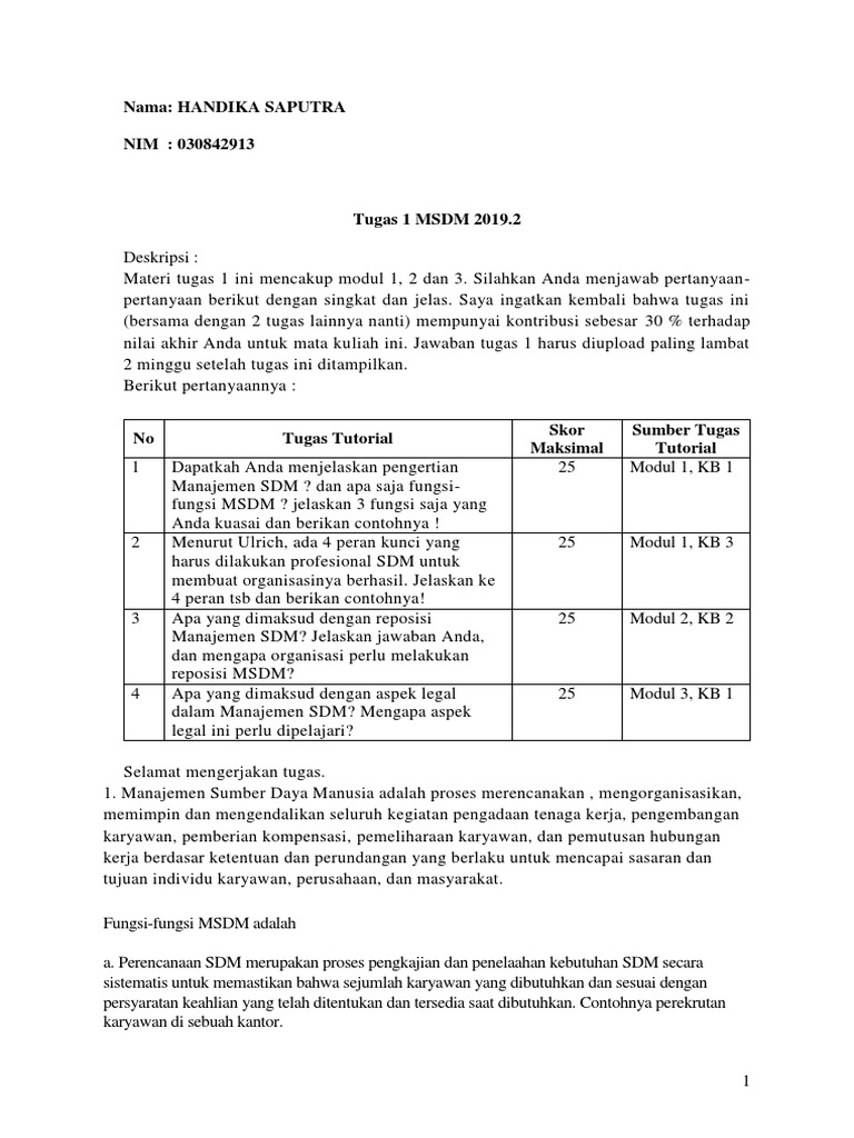 Tugas 1 MSDM 2019.2 | PDF | Bisnis | Pengembangan Diri