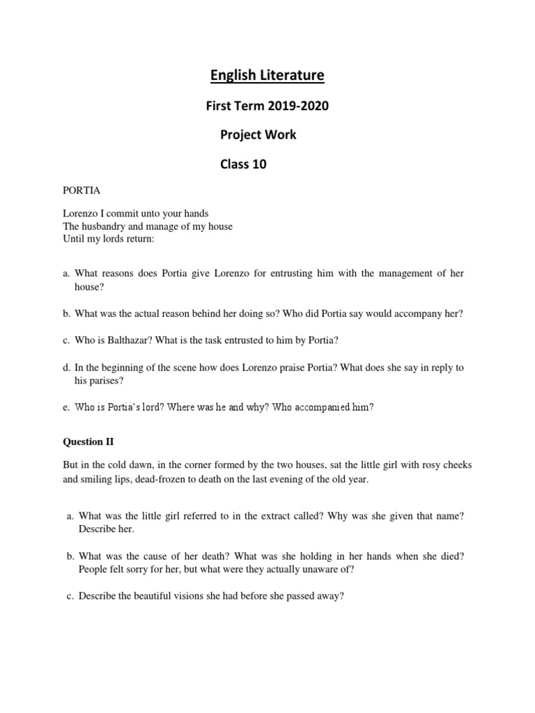 English Literature: First Term 2019-2020 Project Work Class 10 | PDF