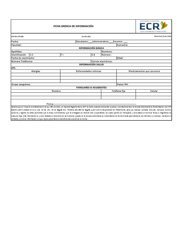 Formato Ficha Medica ECR | PDF | Medicina CLINICA | Ciencias de la Salud