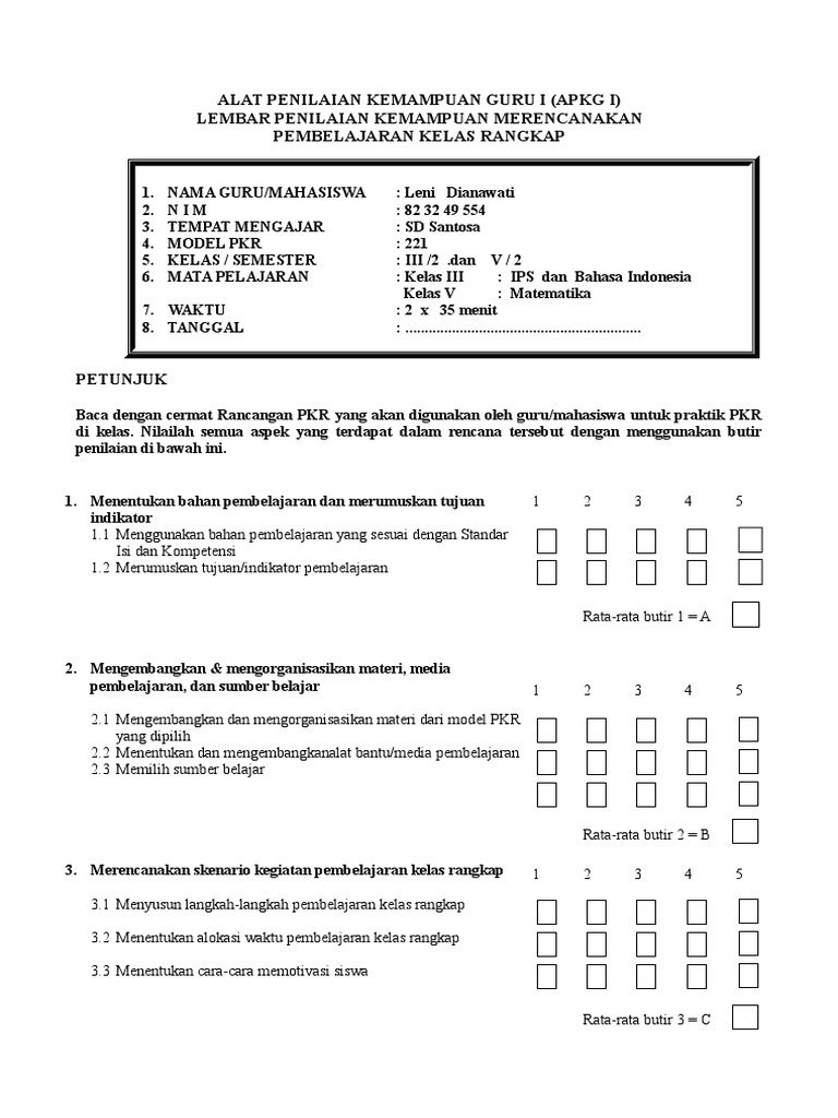 Lembar Penilaian Apkg 1 Dan Lembar Penilaian Untuk Praktik Simulasi PKR Di Kelas Tutorial | PDF