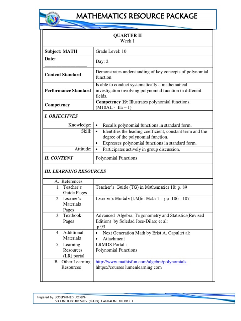 G10 DLP Q2 Week 1 Day 2 | PDF | Polynomial | Teaching Mathematics