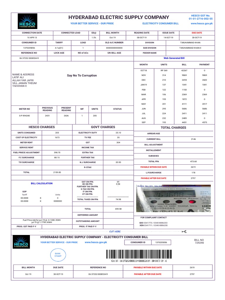 Analysis of an Electricity Bill from Hyderabad Electric Supply Company ...
