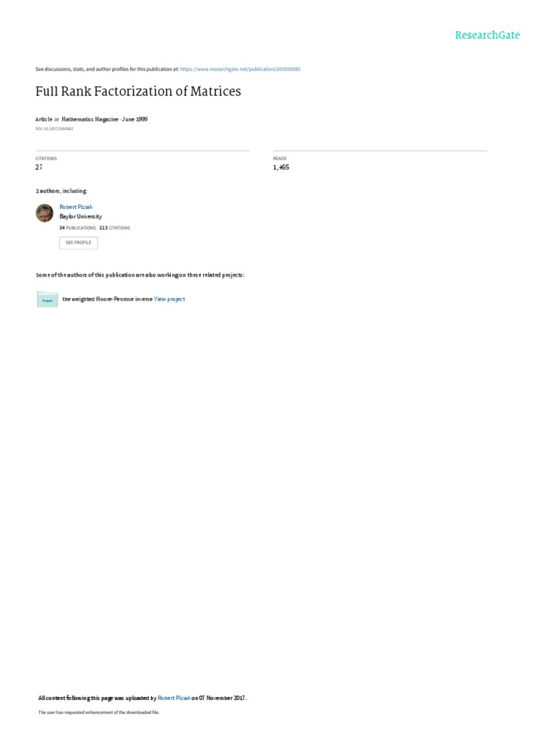 Full Rank Decomposition From Row Reduced Echelon Matrix | PDF | Matrix ...