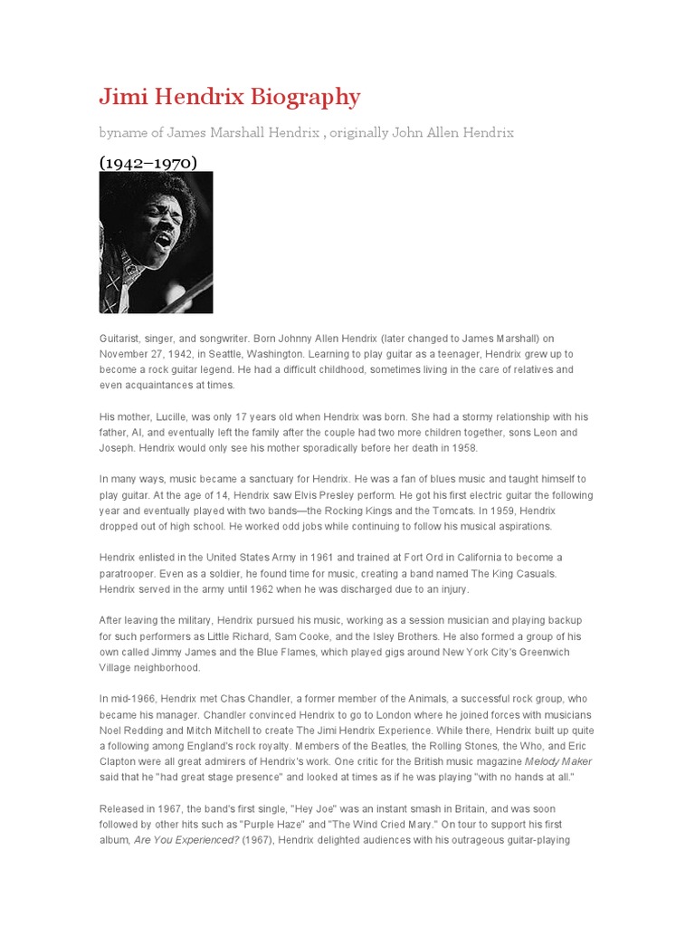 Jimi Hendrix Biography | PDF | Jimi Hendrix | Rock Music