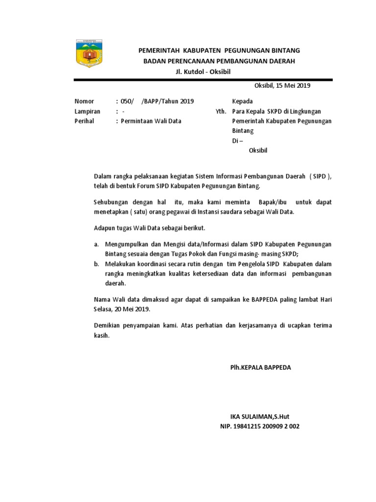 Surat Permintaan Wali Data SKPD | PDF | Pengelolaan Keuangan & Uang ...