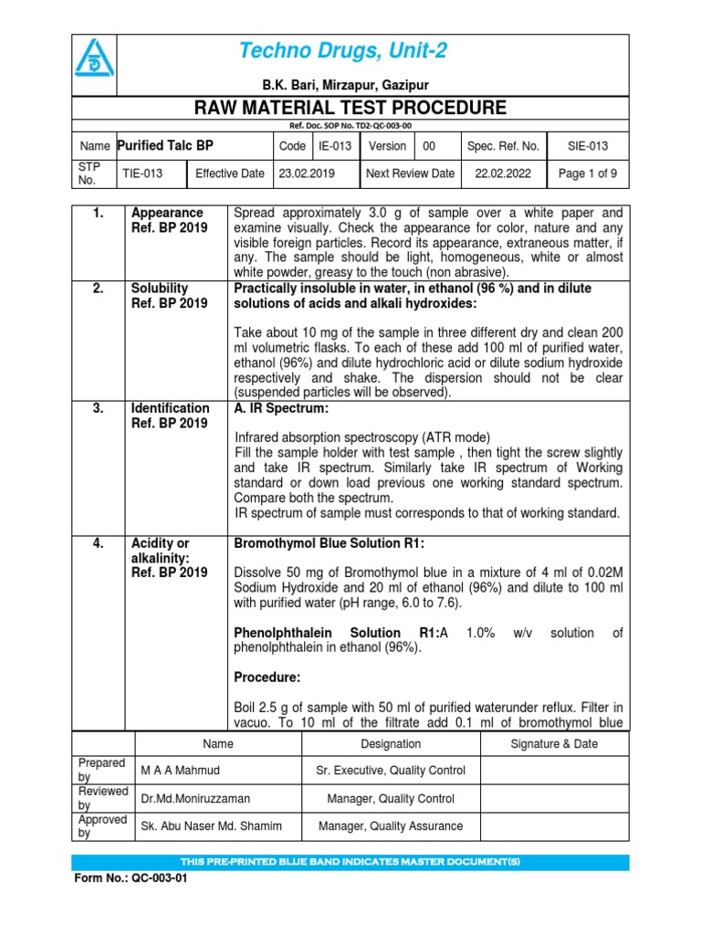 STP of Purified Talc BP | PDF | Infrared Spectroscopy | Solution