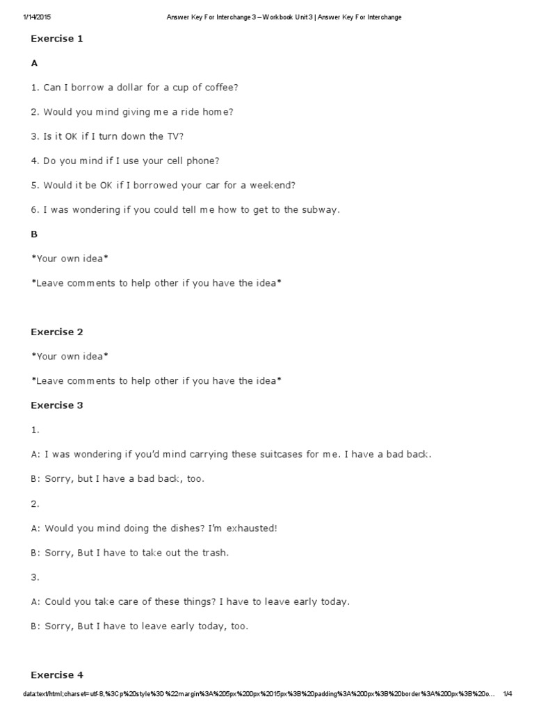 Answer Key For Interchange 3 - Workbook Unit 3 - Answer Key For ...