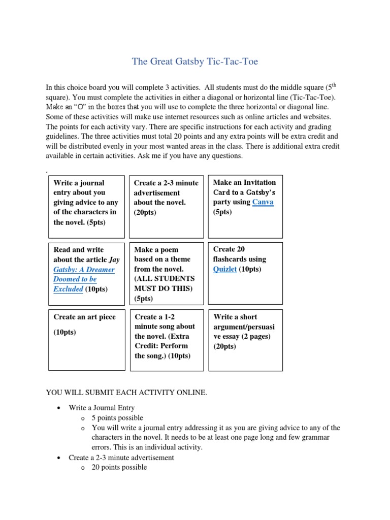 Choice Board-Tic Tac Toe | PDF | The Great Gatsby | Essays