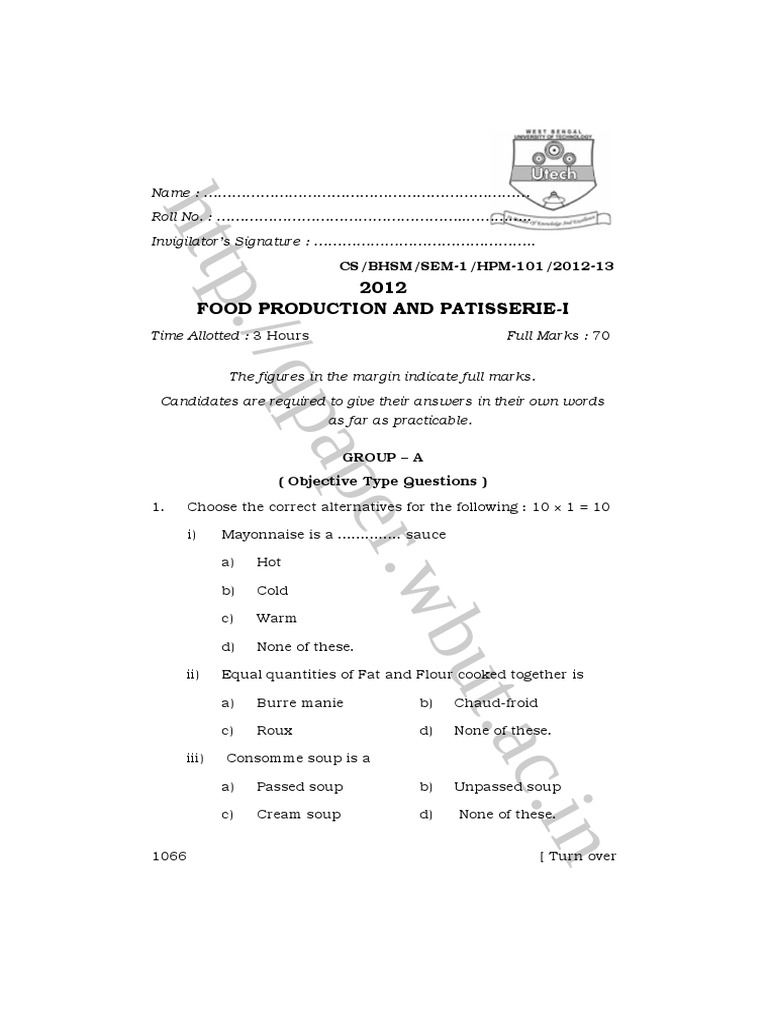 HT TP: //qpa Pe R.W But .Ac .In: 2012 Food Production and Patisserie-I | PDF | Soup | Sauce