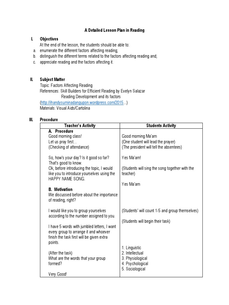 A Detailed Lesson Plan in Reading | PDF | Thought | Idea