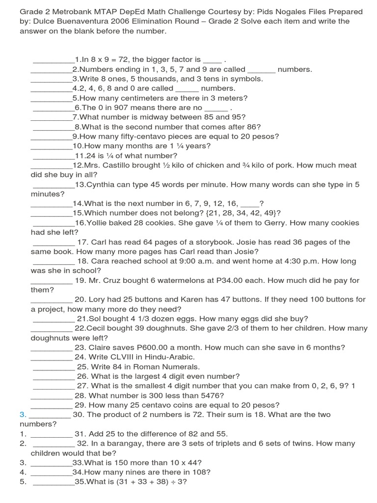 Grade 2 Metrobank MTAP DepEd Math Challenge worksheet answers | PDF ...