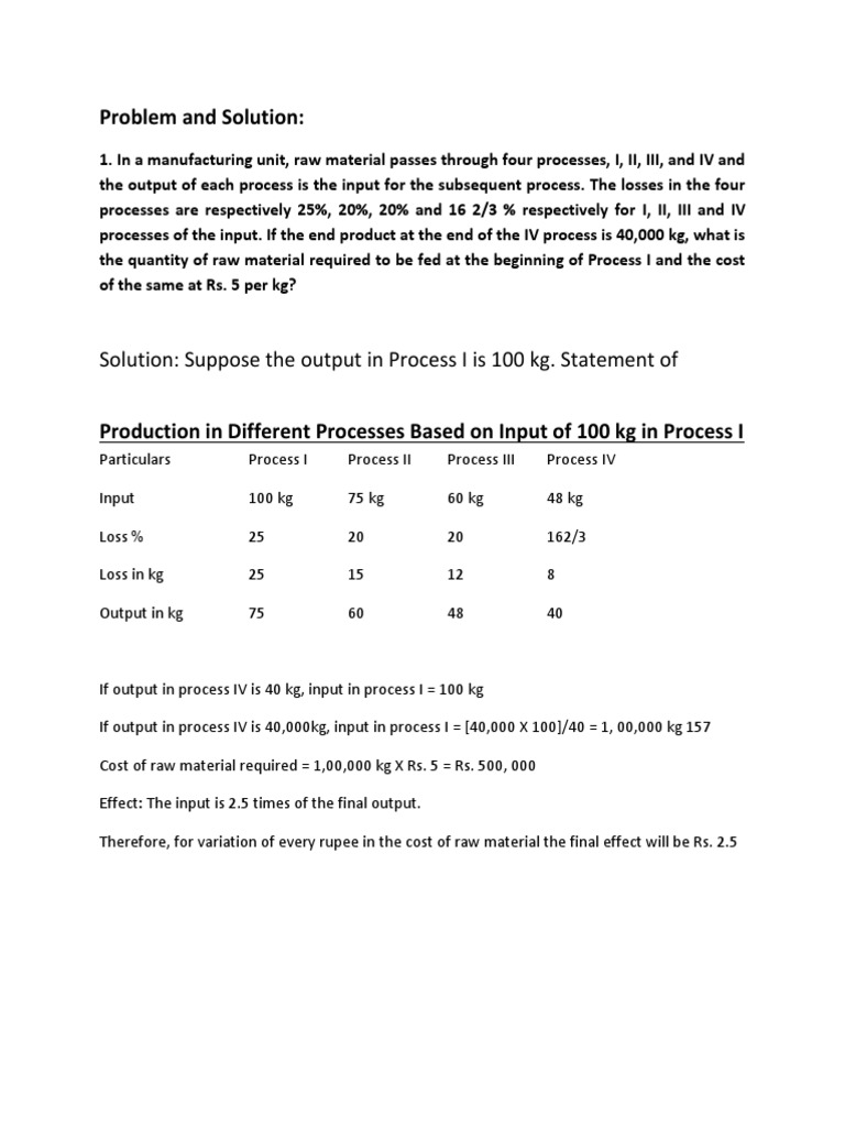 Problem and Solution:: Solution: Suppose The Output in Process I Is 100 ...