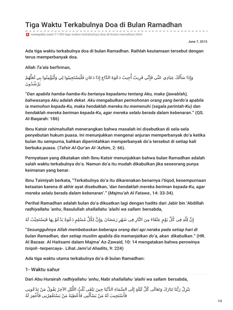 Tiga Waktu Terkabulnya Doa Di Bulan Ramadhan | PDF