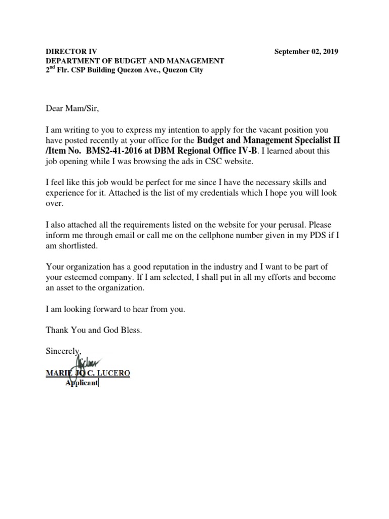 Application Letter - DBM | PDF