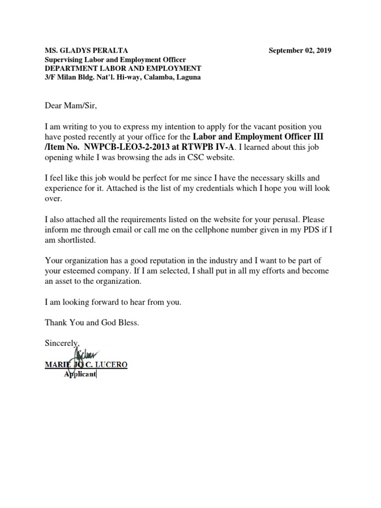 Application Letter - DOLE | PDF