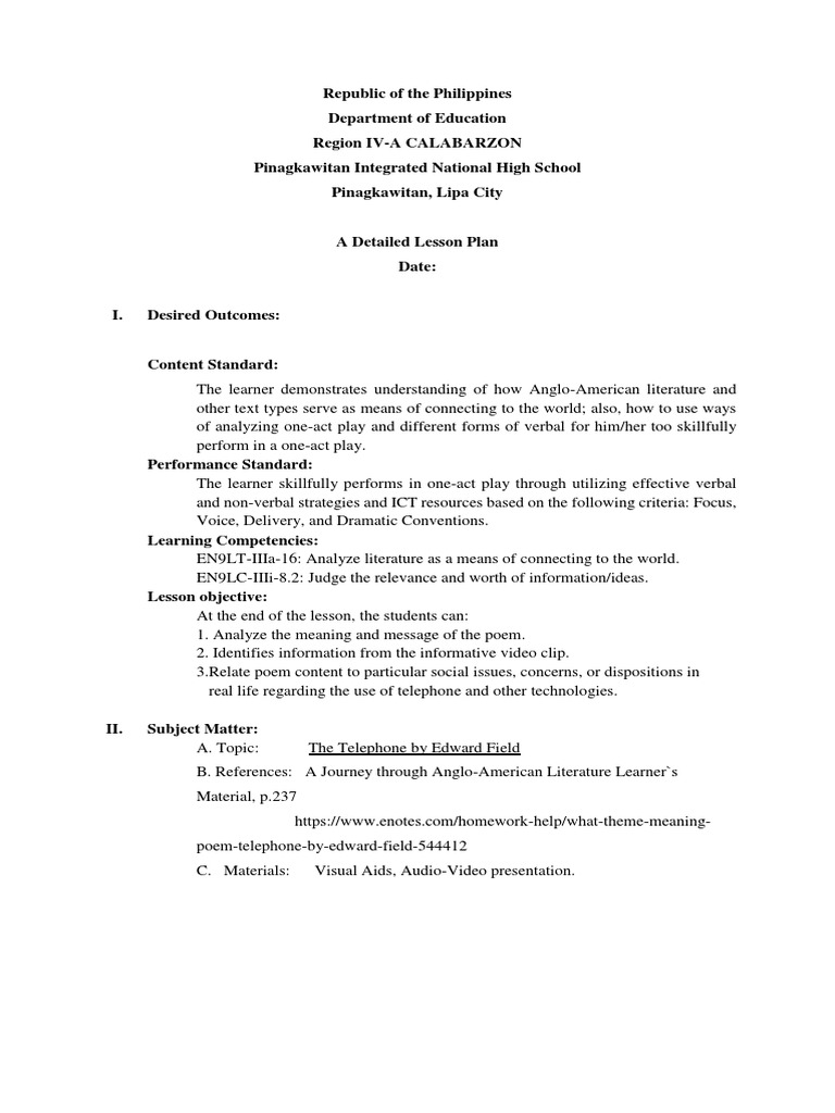 DLP-The Telephone by Edward Field-7 | PDF | Lesson Plan | Psychological ...