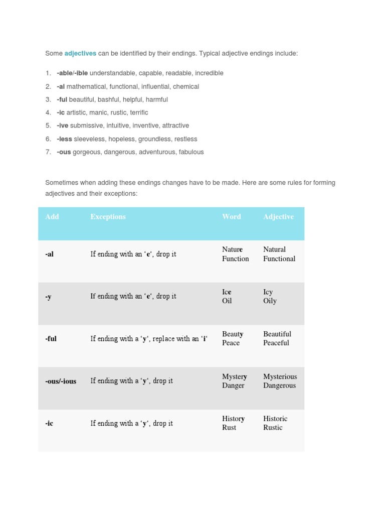 Adjectives: Add Exceptions Word Adjective | PDF | Adjective ...
