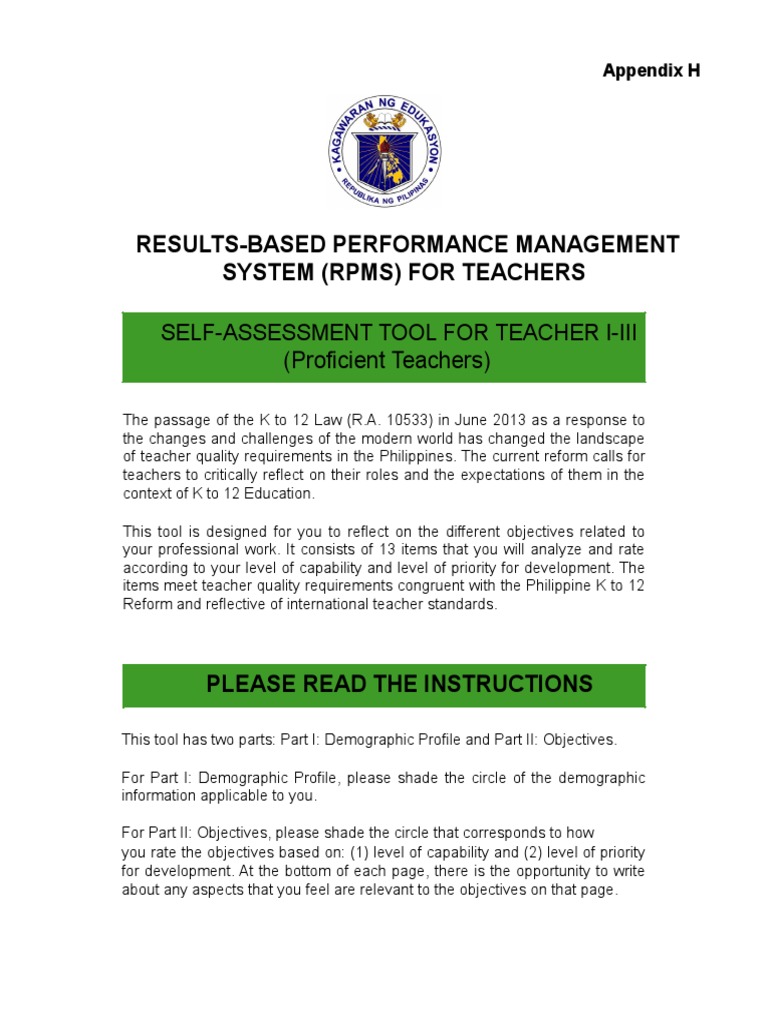 Self-Assessment Tool For Teacher I-III | PDF | Educational Assessment ...