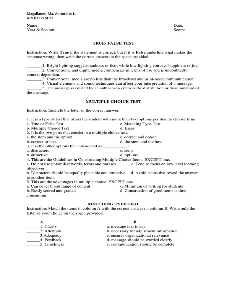 True-False Test: Magallanes, Ma. Antonette L. Btvted FSM 2-C | PDF ...