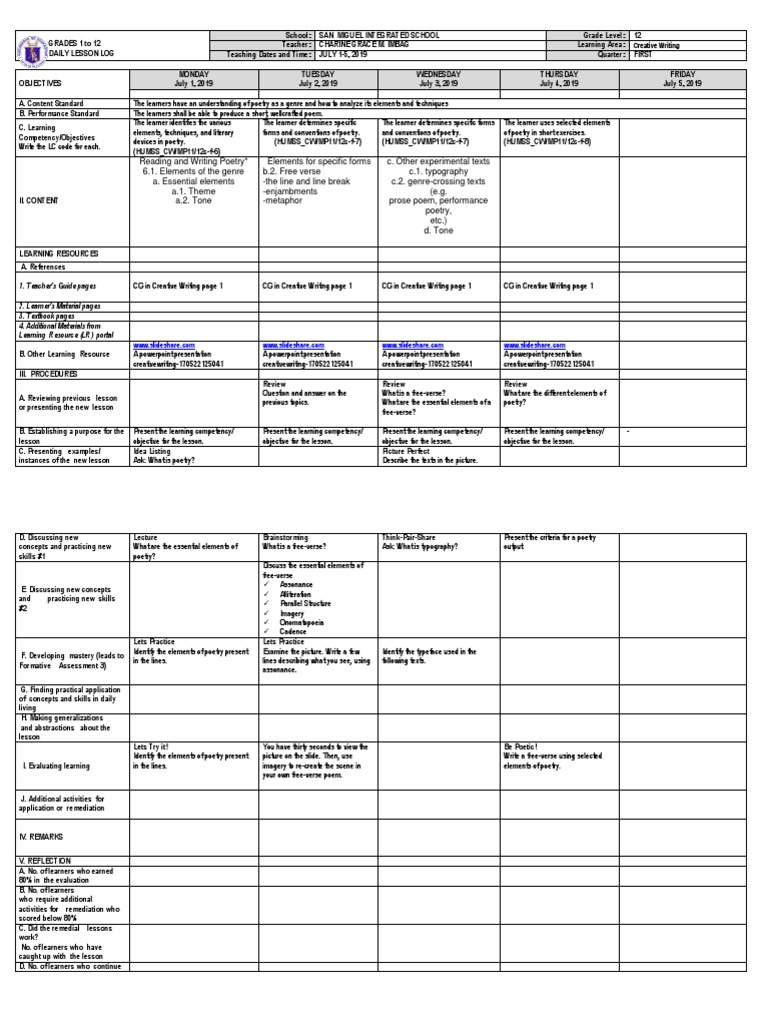 DLL Creative Writing Week 4 | PDF | Genre | Poetry